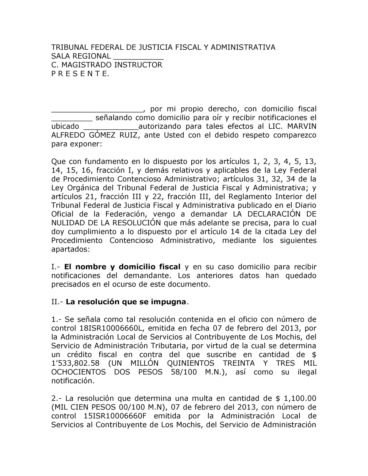 Modelo Demanda De Nulidad Sat Tribunal Federal De Justicia Fiscal Y