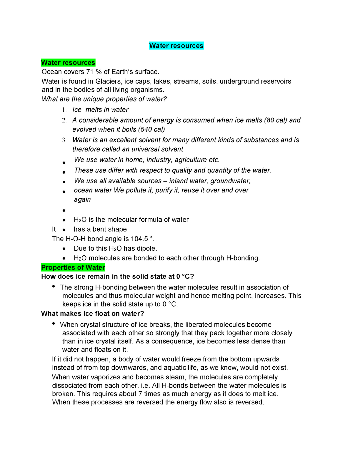 Biol 06 Lecture Notes Water Resources Water Resources Water