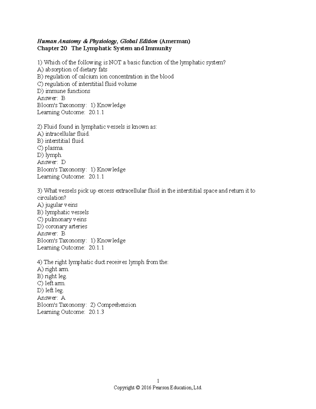 Chapter 20 Test Bank Amerman Textbook Human Anatomy And Physiology