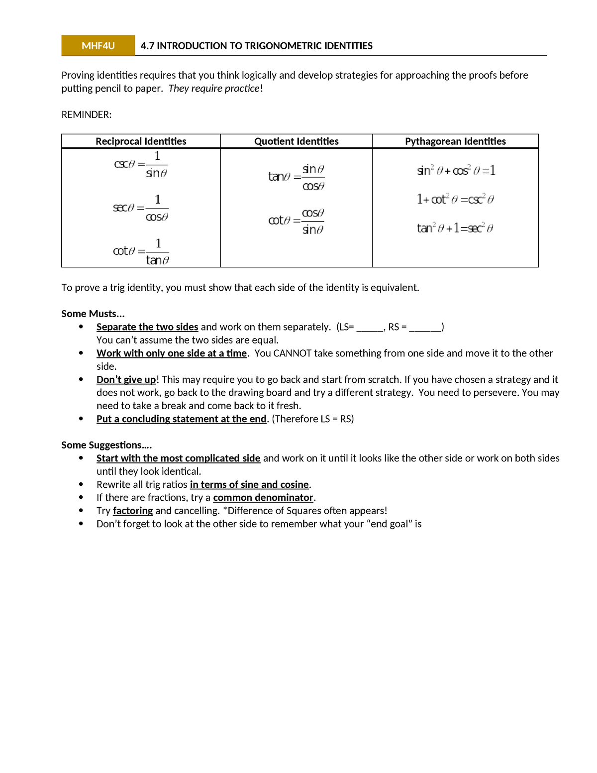 407 Intro To Trig Identities Mhf4u 4 Introduction To Trigonometric