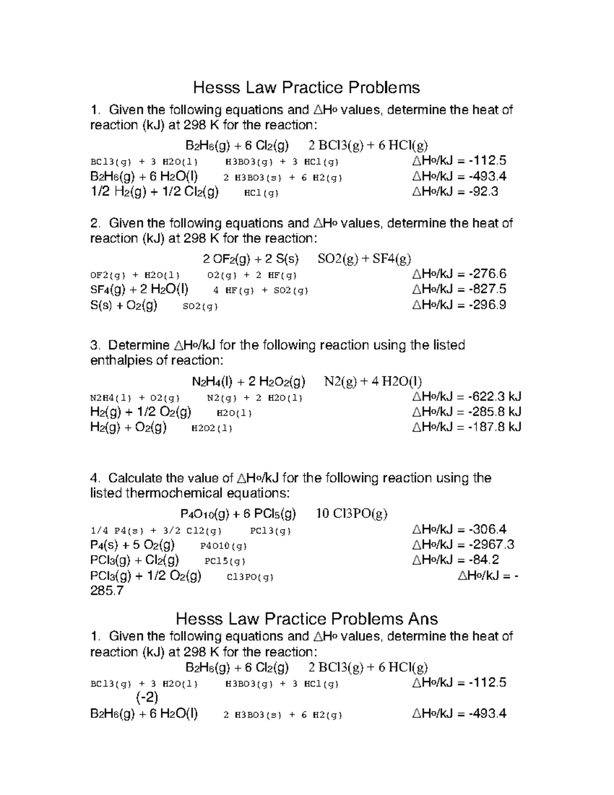 Hessslaw Practice Problems Hesss Law Practice Problems Given The