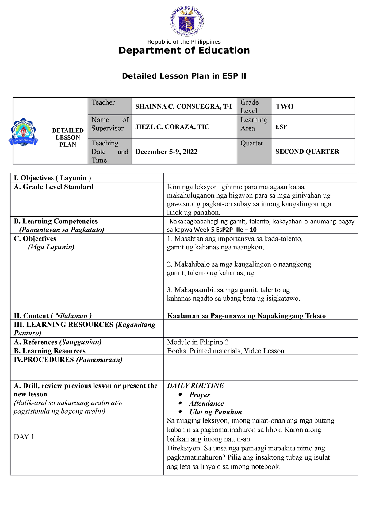 Esp2 Dlp Week1 Q1 Esp 2 Department Of Education Detailed Lesson