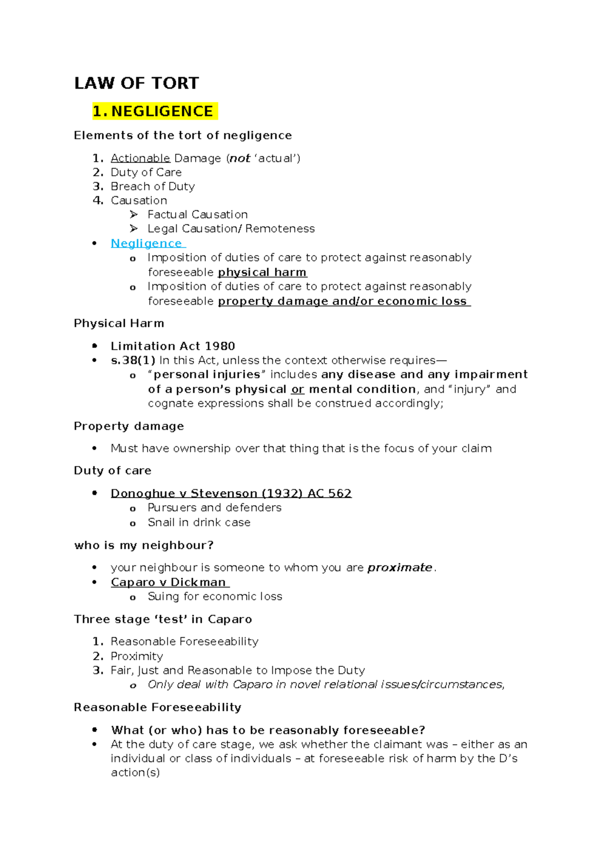 Lecture 4 Negligence Law Of Tort 1 Negligence Elements Of The Tort