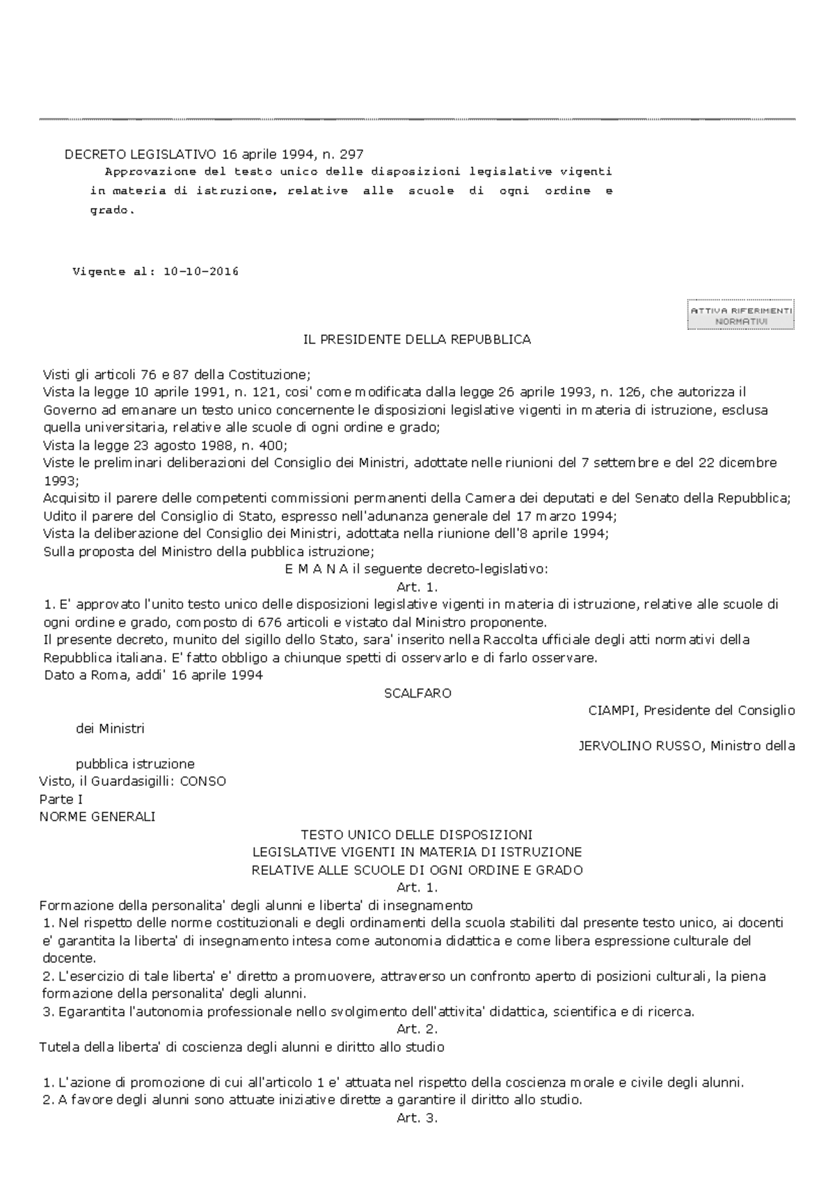 Decreto Legislativo 297 Del 1994 Decreto Legislativo 16 Aprile 1994