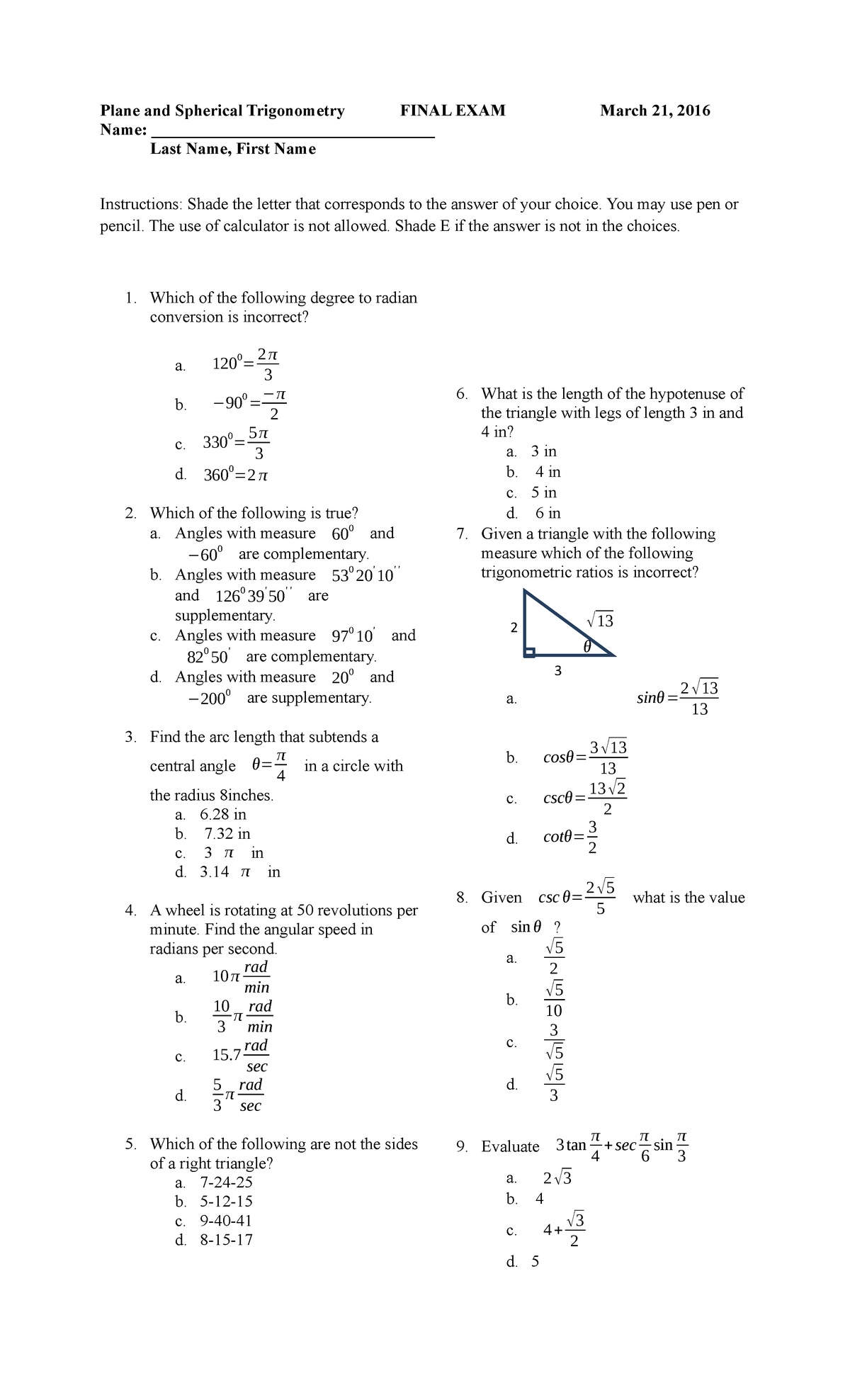 Pst Final Exam Plane And Spherical Trigonometry Plane And Spherical