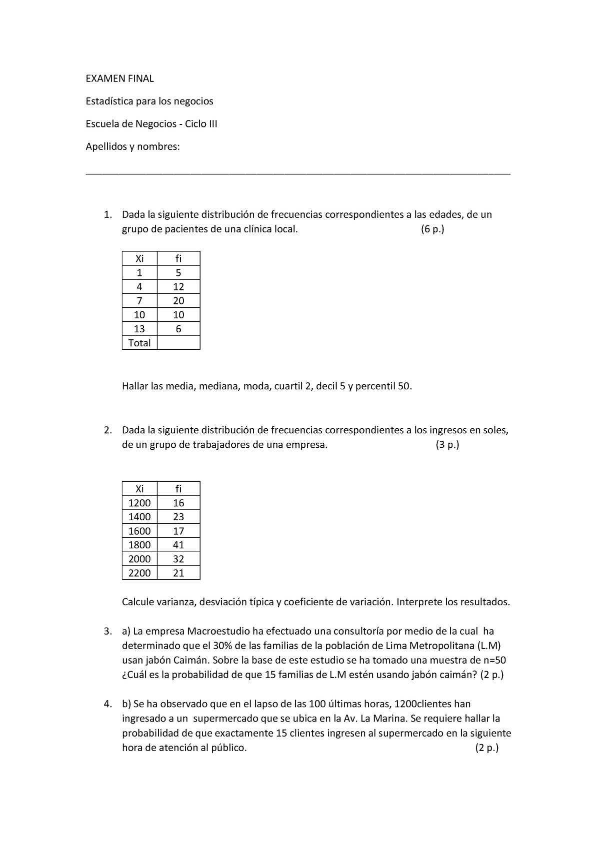 Examen Final Utima Hora Estadística Y Probabilidades Uni Studocu