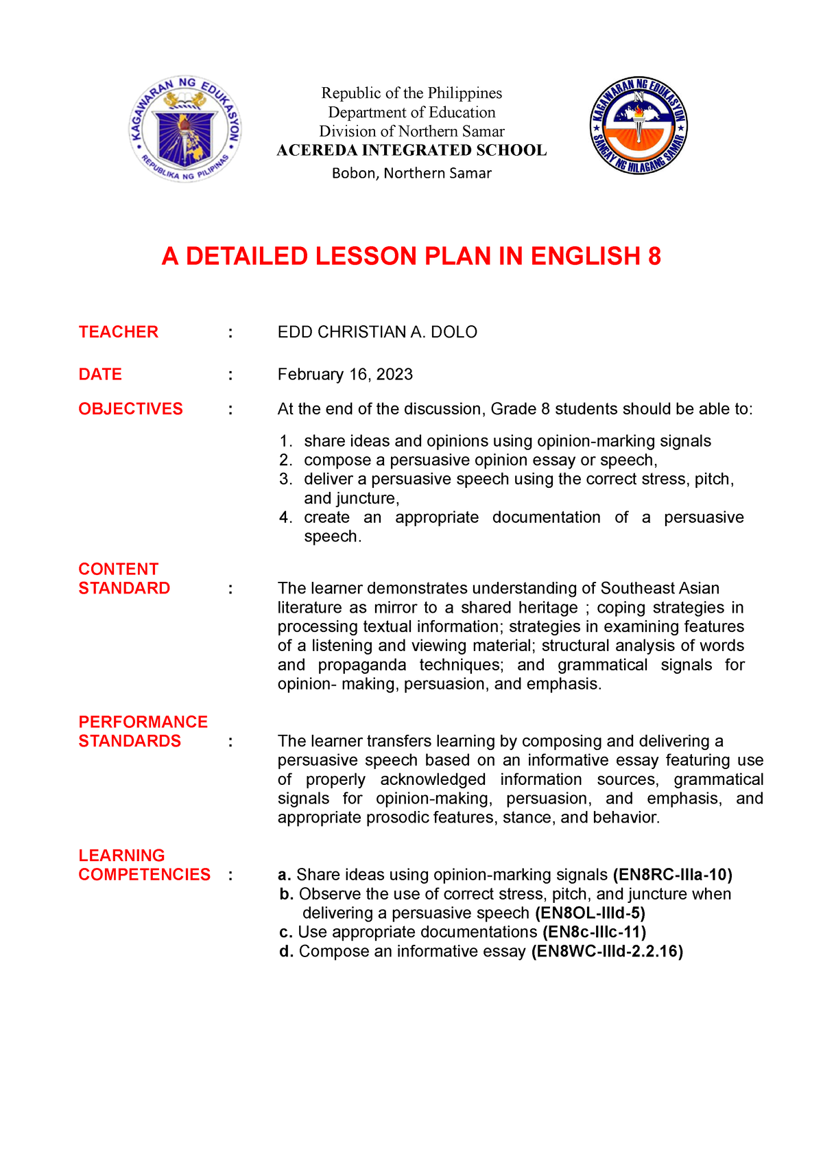 Official Lesson Plan Cot 2023 Republic Of The Philippines Department