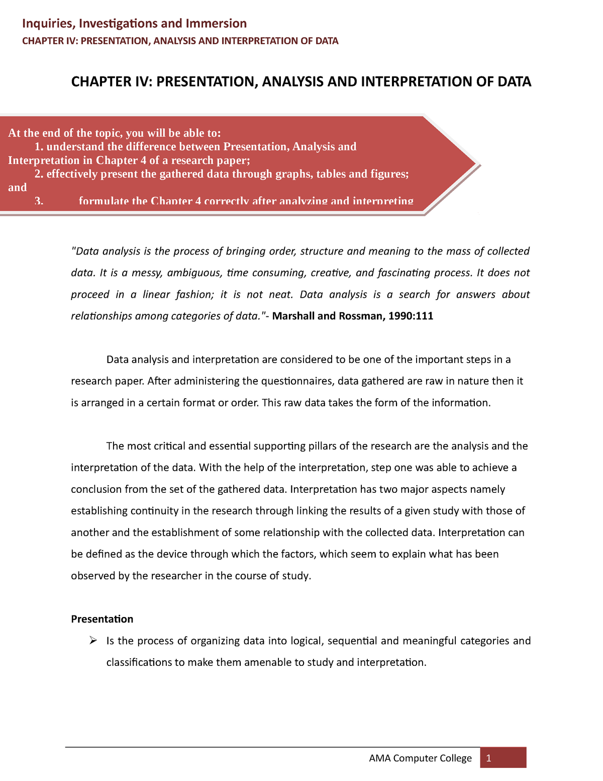 Chapter Iv Presentation Analysis And Interpretation Of Data Chapter