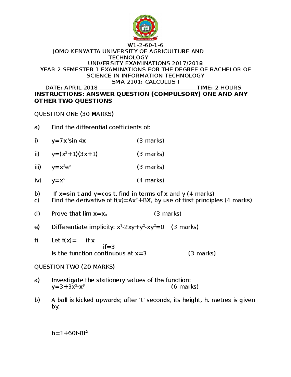 Sma 2101 Calculus I Jomo Kenyatta University Ofw1 2 60 1 6