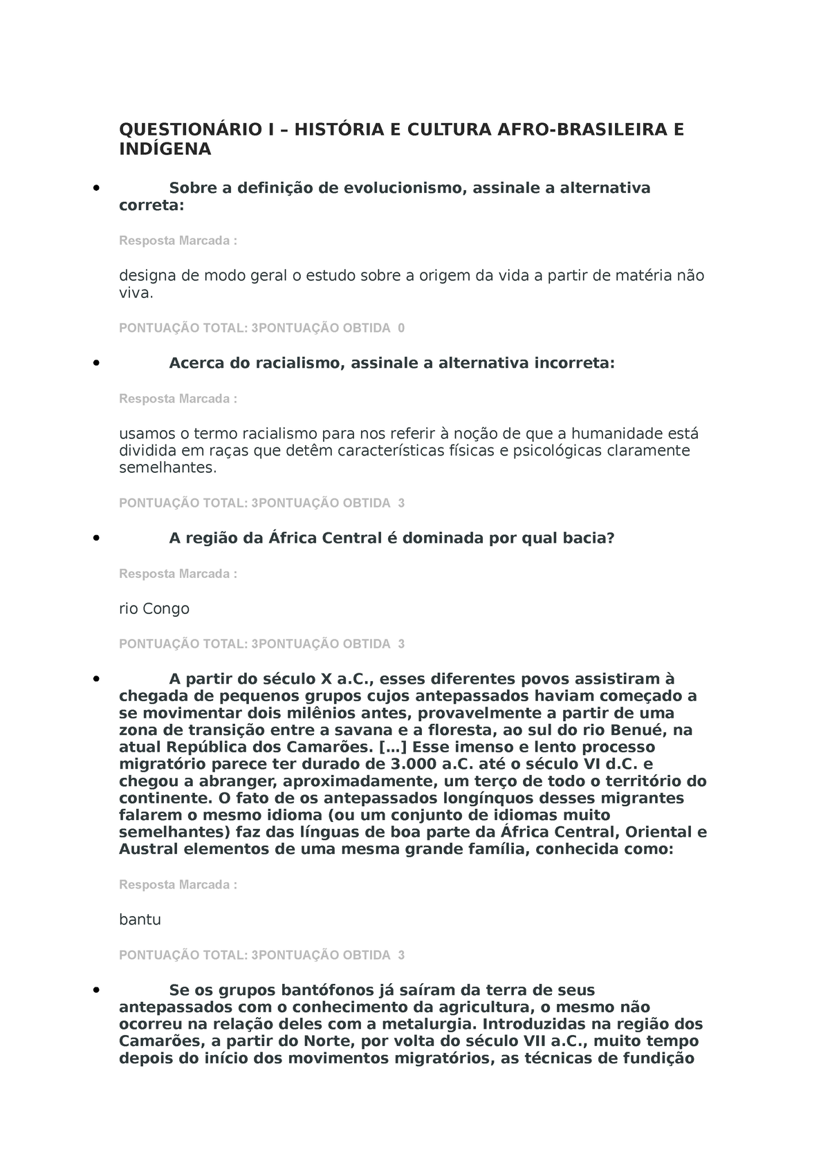 Questionário I História E Cultura Afro Brasileira E Indígena