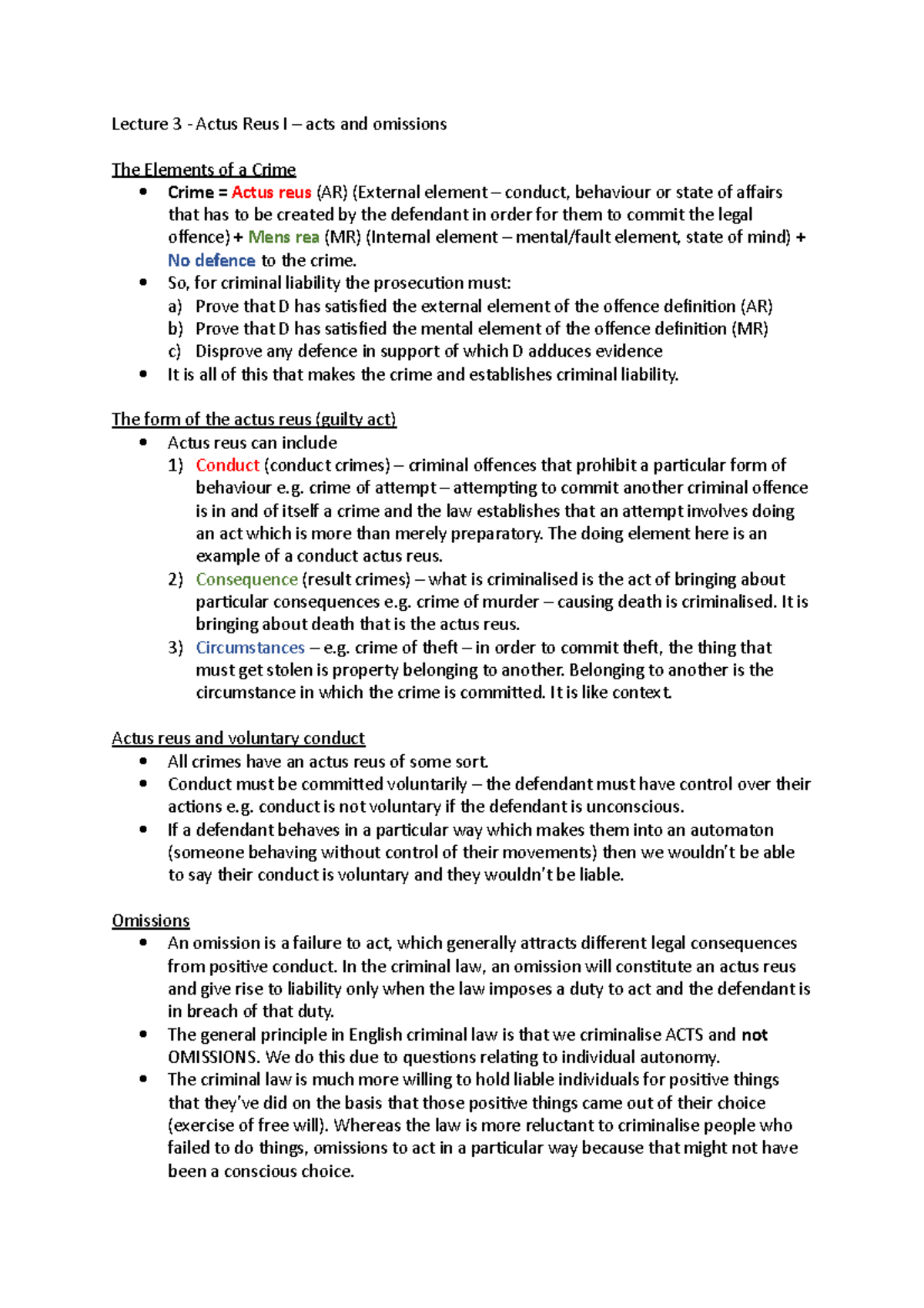 Lecture 3 Criminal Law Actus Reus Omissions Lecture 3 Actus