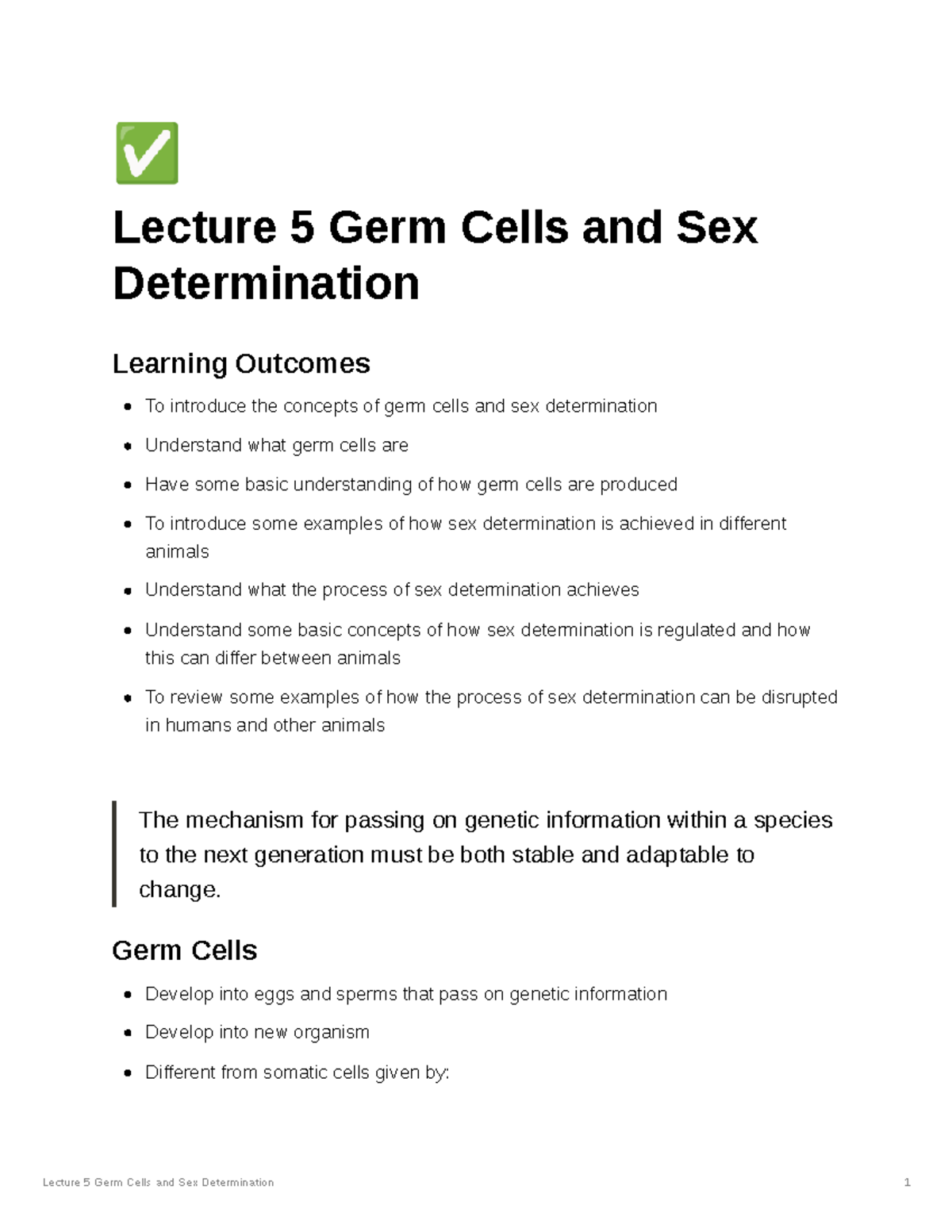 Lecture 5 Germ Cells And Sex Determination Lecture 5 Germ Cells And