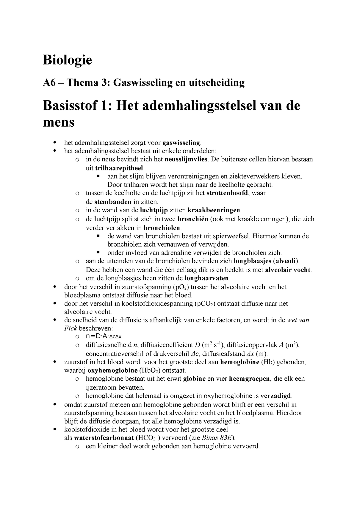 Biologie Thema 3 Gaswisseling En Uitscheiding Studeersnel