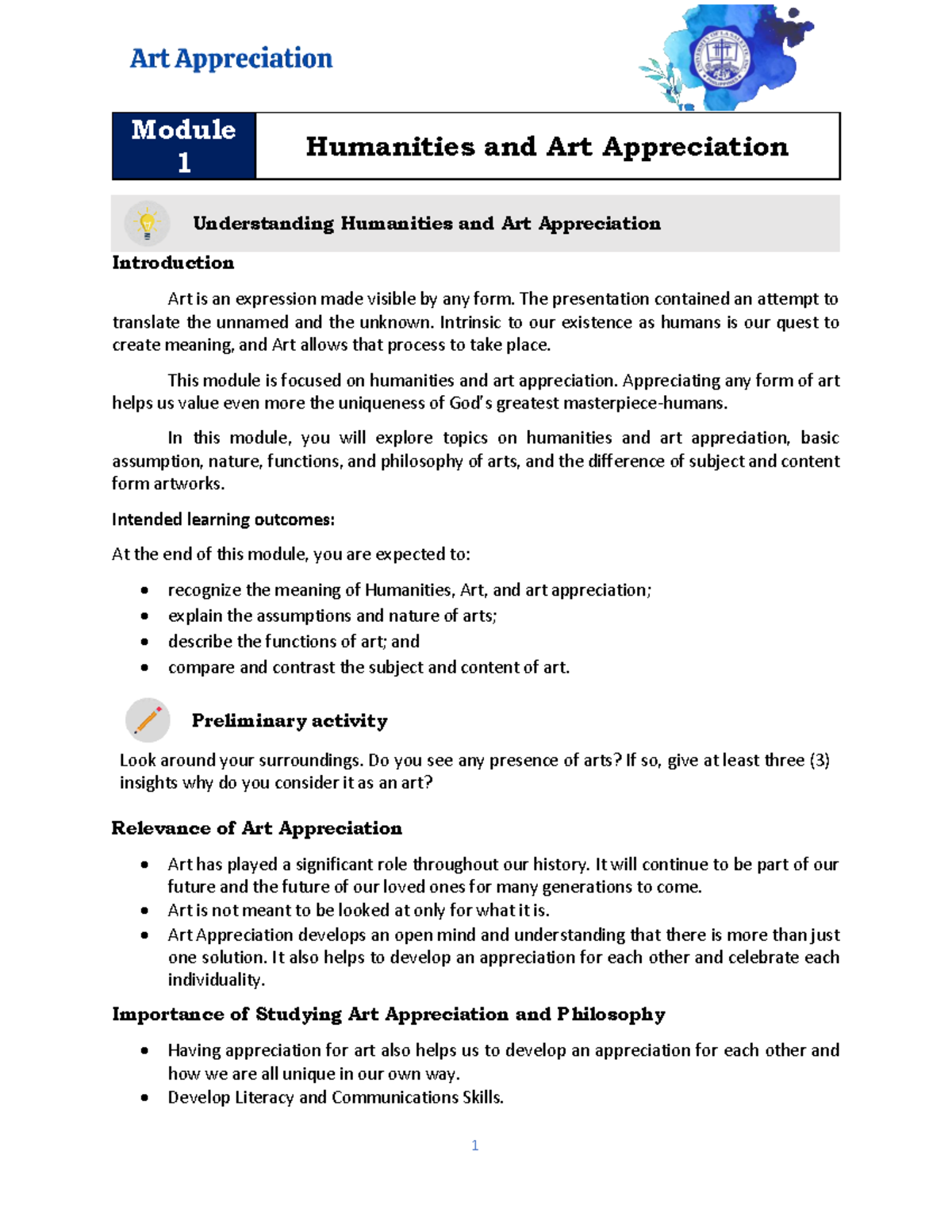 Module 1 Understanding Humanities And Art Appreciation Module 1