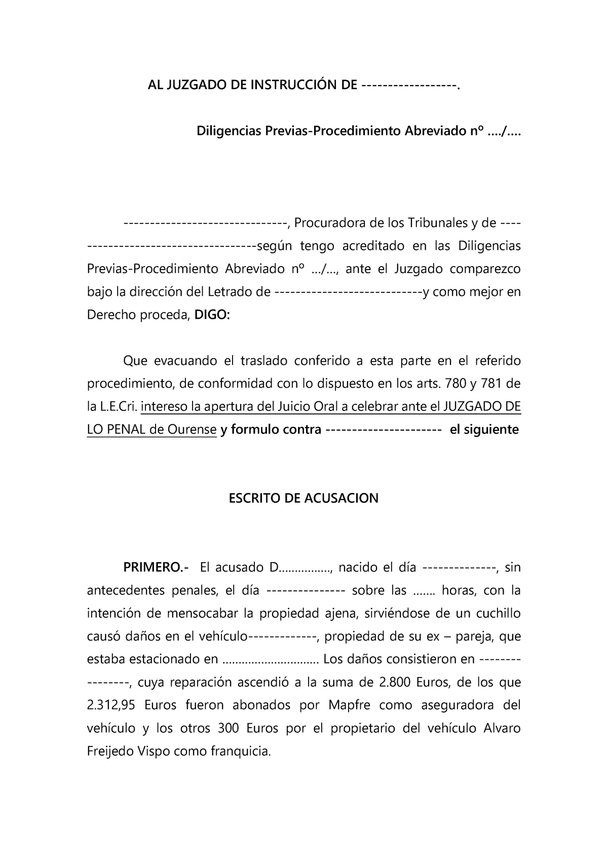 Ejemplo De Escrito De Acusación Al Juzgado De InstrucciÓn De