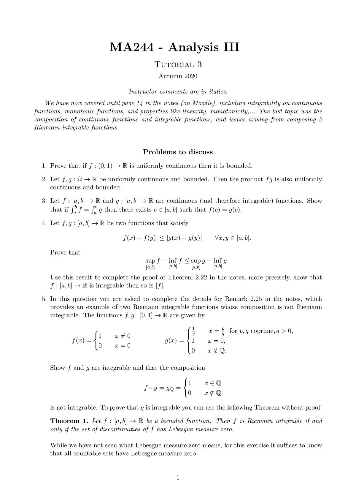 Ma244 Week 3 Tutorial Sheet With Solutions Ma244 Analysis Iii