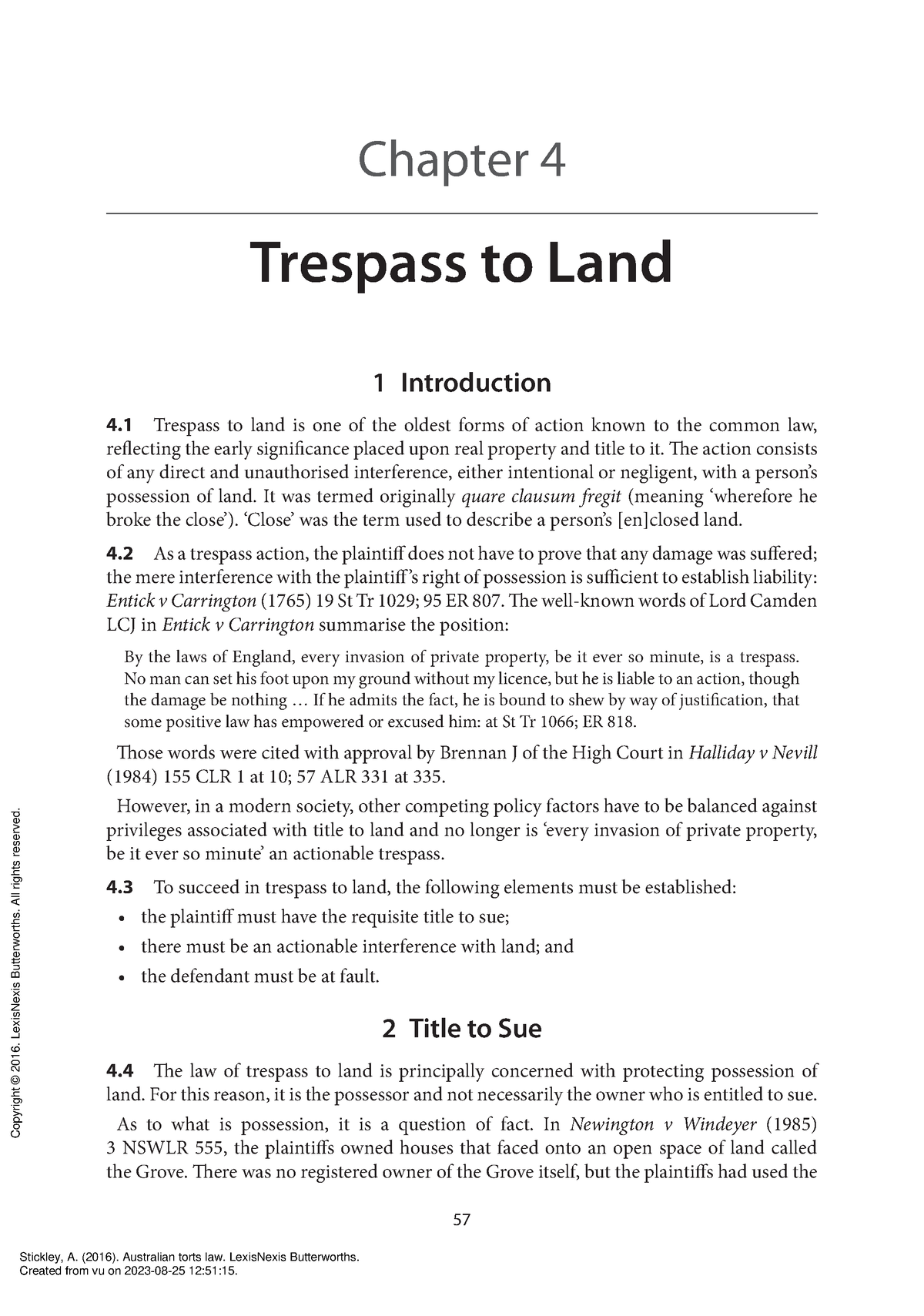 Australian Torts Law Chapter 4 57 Chapter 4 Trespass To Land 1