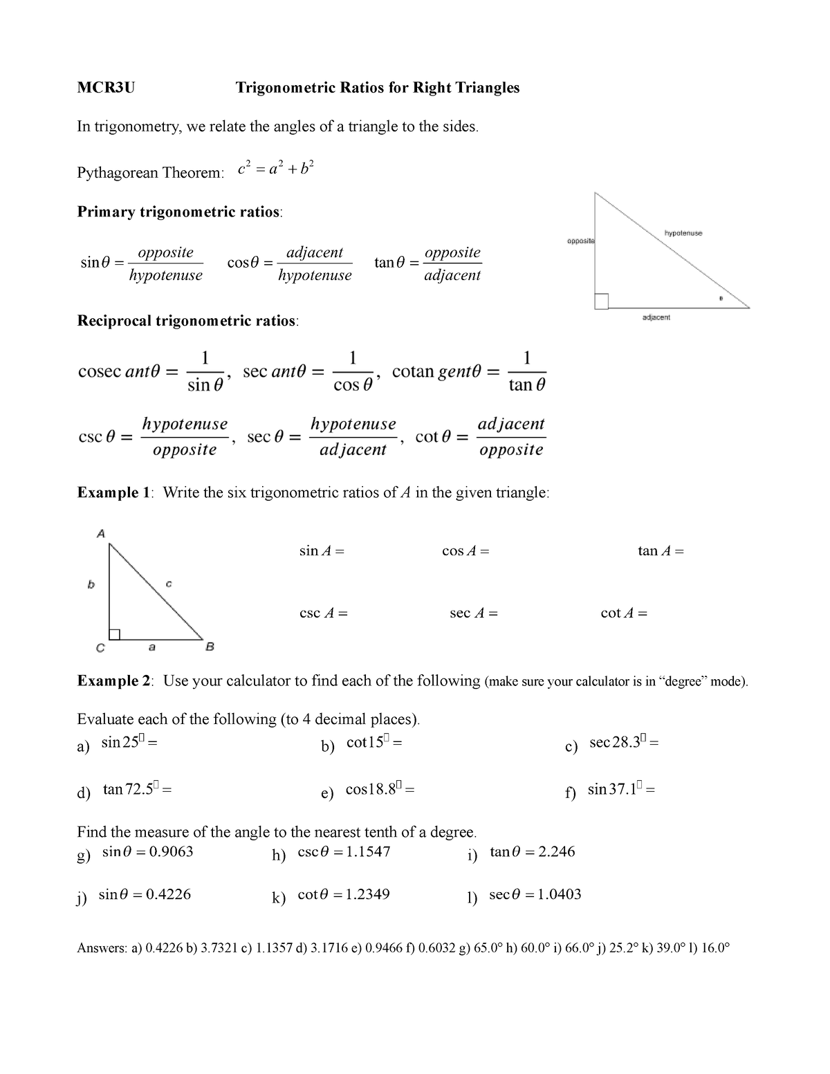 1 Trigonometric Ratios Practice Sheet Mcr3u Trigonometric Ratios For