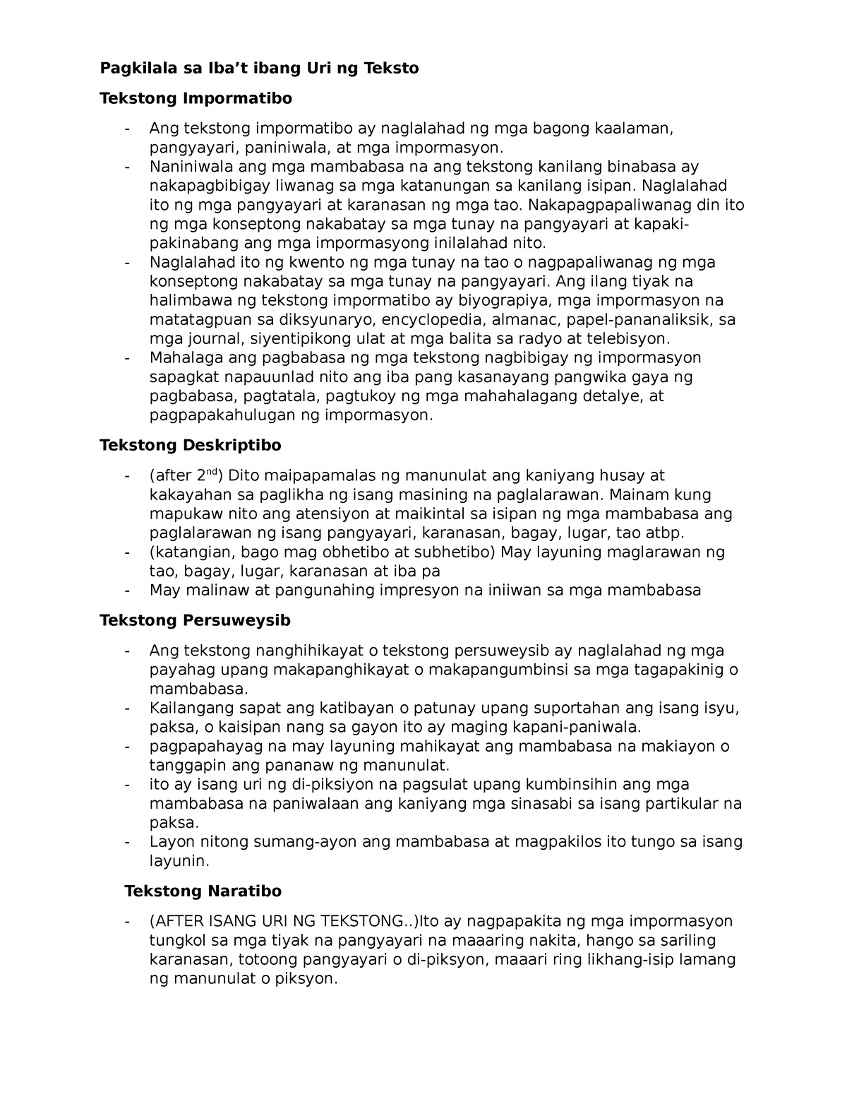 Pagbasa Script Ibat Ibang Uri Ng Teksto Week 1 2 001 2 Pagkilala Sa