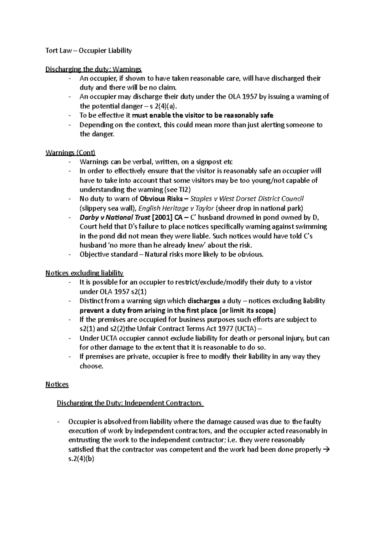 Tort Law Ola 3 Occupiers Liability Tort Law Occupier Liability