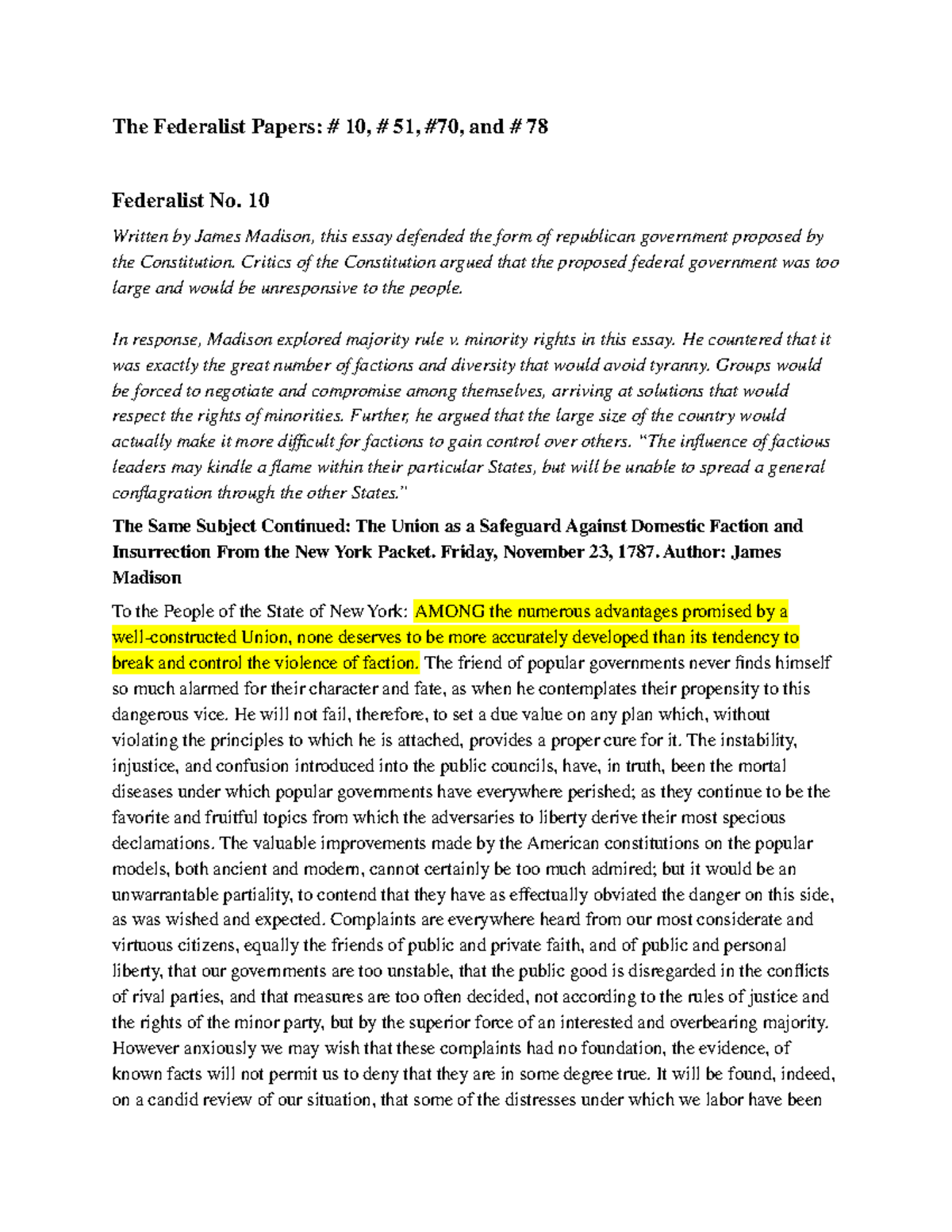 Federalist Papers 10 51 70 And 78 Brutus 1 The Federalist Papers