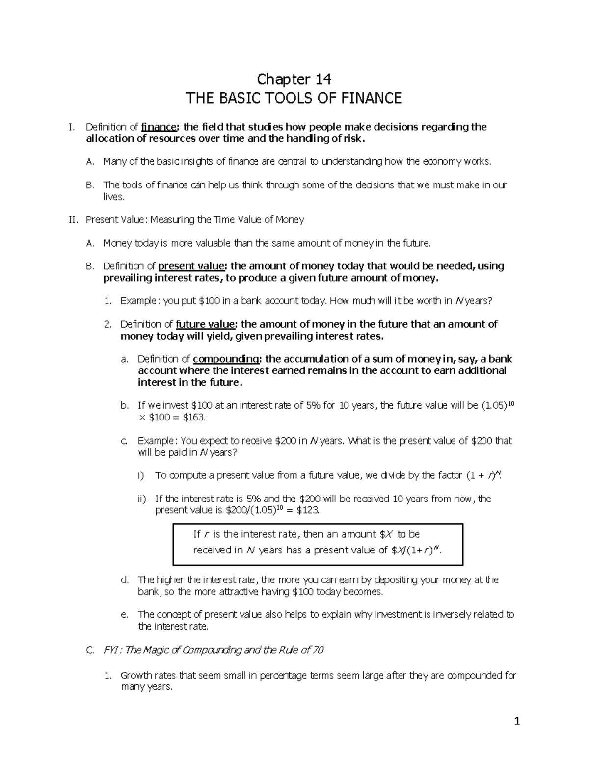 Chapter 14 Lecture Notes Chapter 14 The Basic Tools Of Finance I