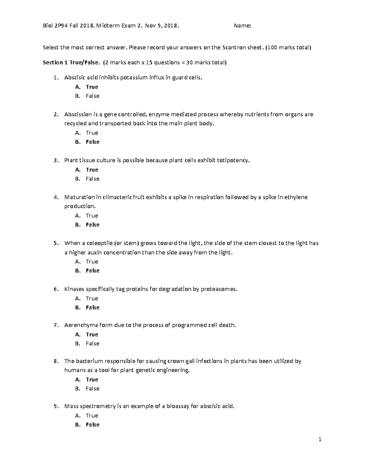 Midterm Exam November 2018 Questions And Answers Biol 2p94 Fall 2018