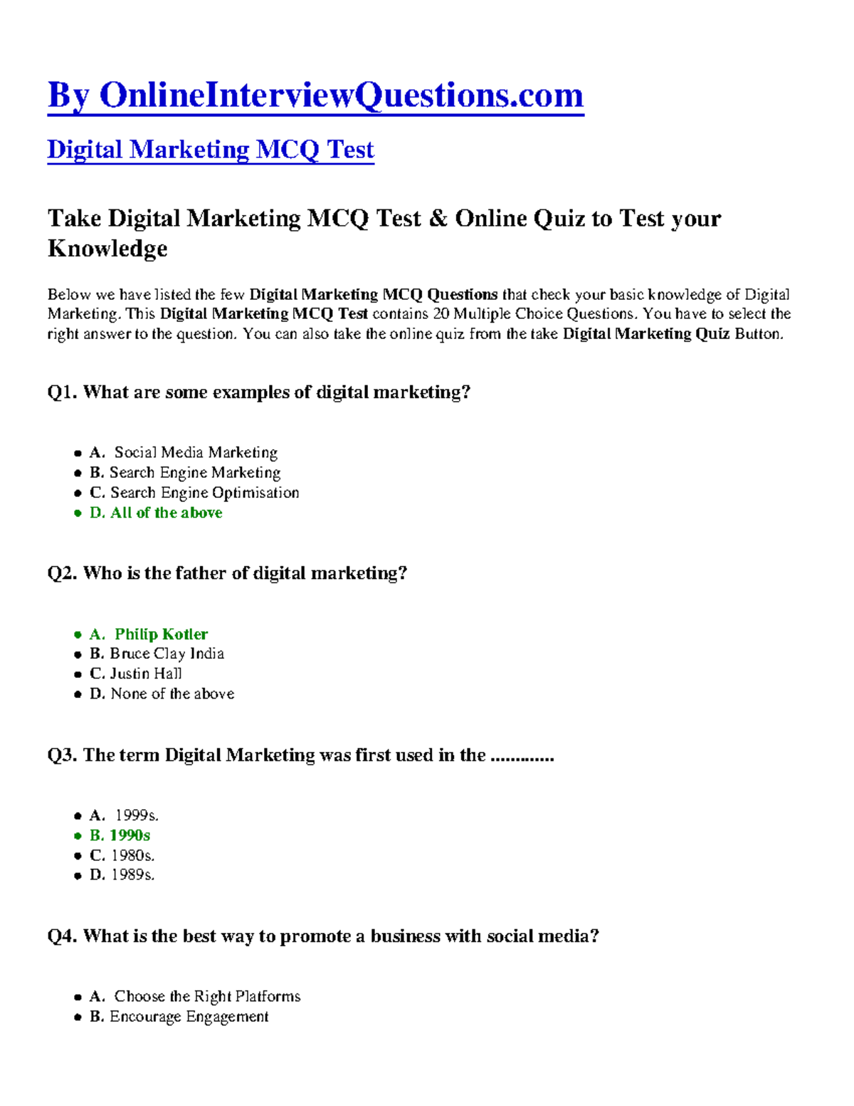 Digital Marketing Mcq Questions For Multiple Choice By Cbse Class Hot