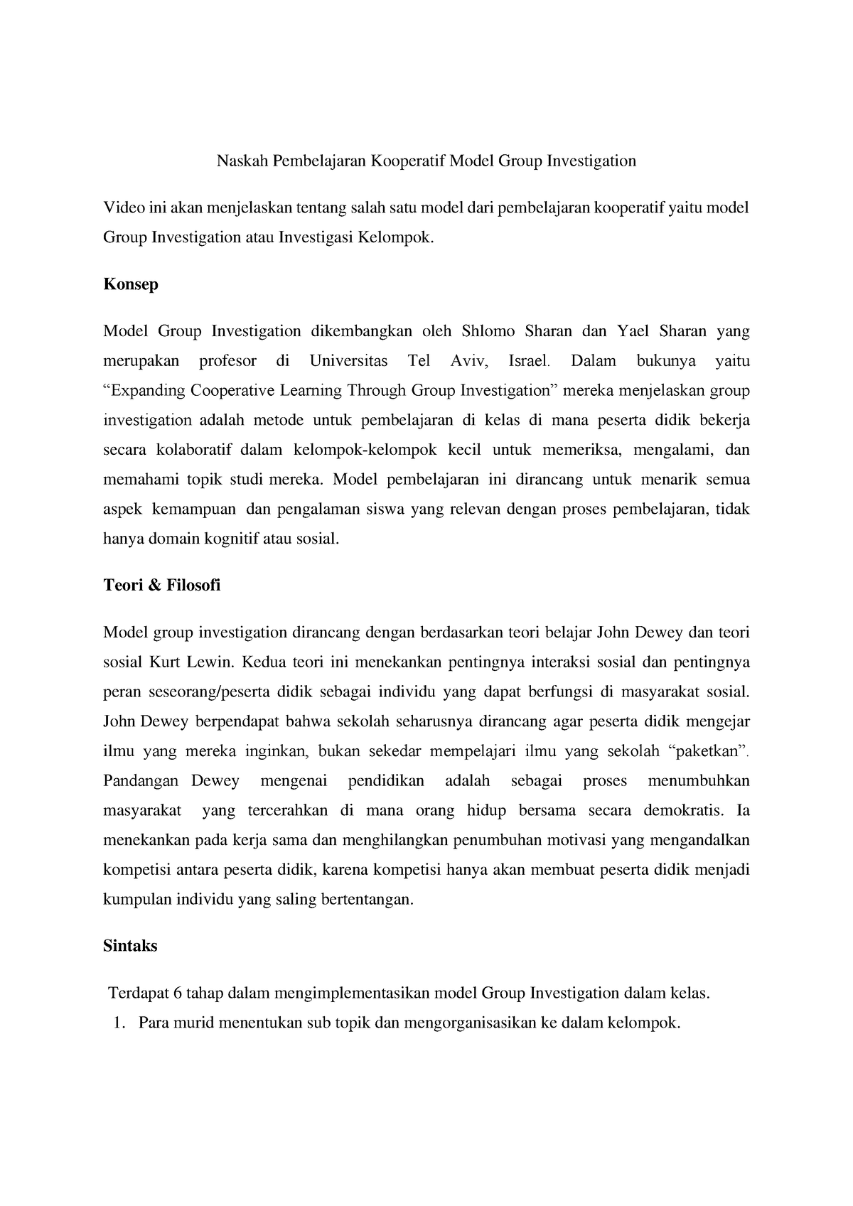 Naskah Pembelajaran Kooperatif Model Group Investigation Konsep Model