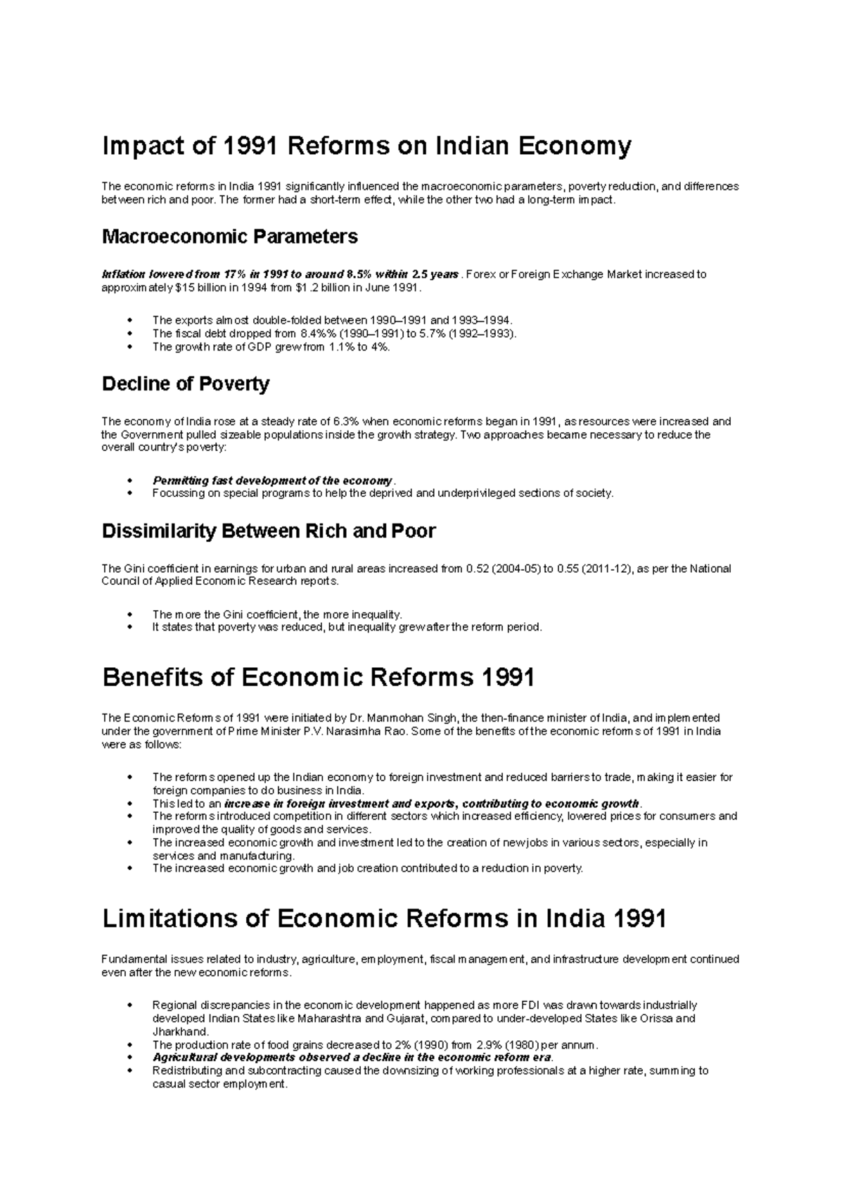 Impact Of 1991 Reforms On Indian Economy Impact Of 1991 Reforms On