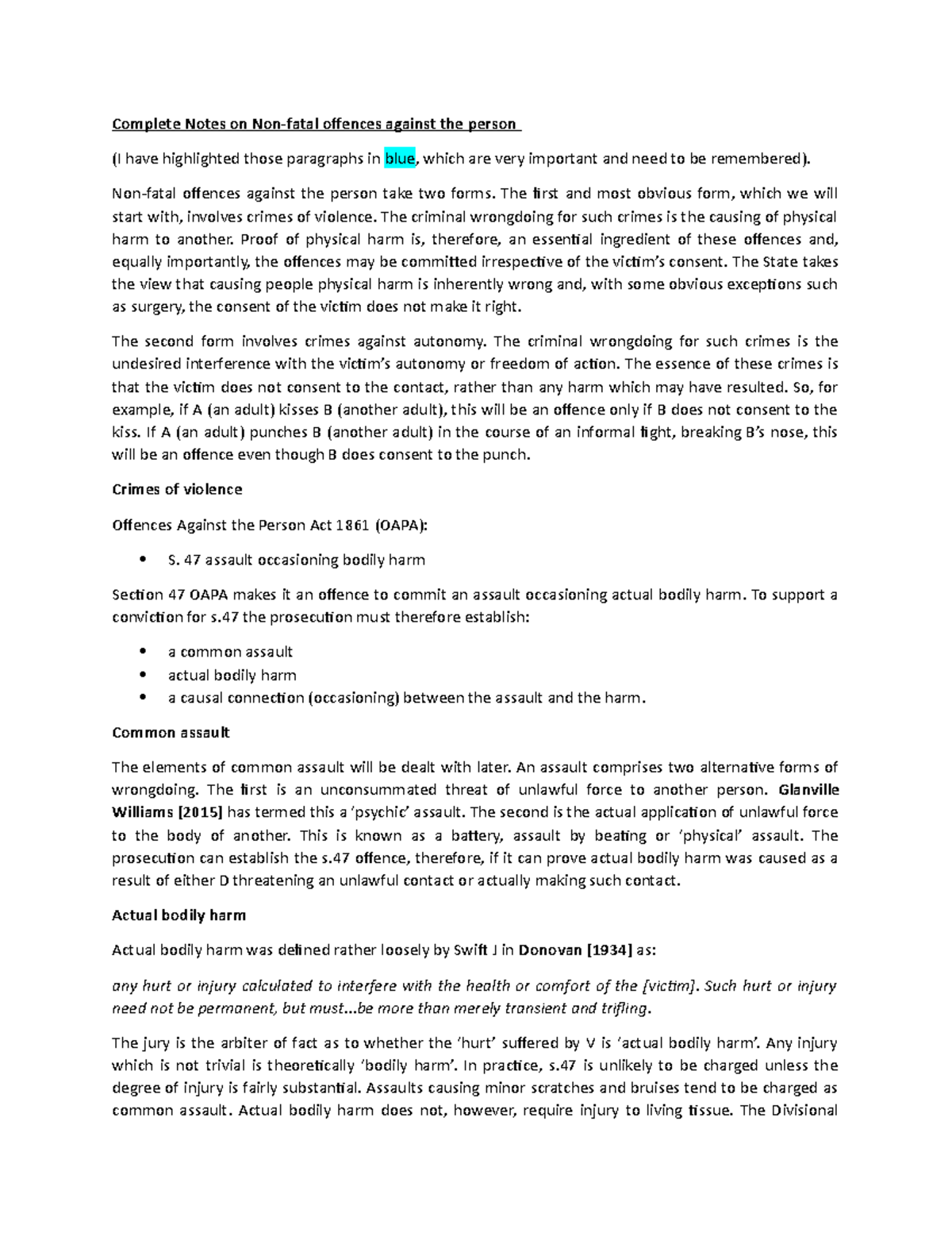 Criminal Law Notes Oapa Complete Notes On Non Fatal Offences