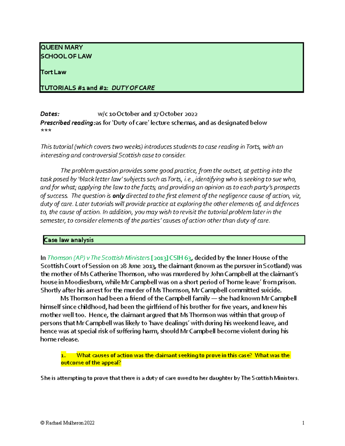 221007 Qmul2 S1 Tort Law T1 Duty Of Care Tutorial 12 Queen Mary