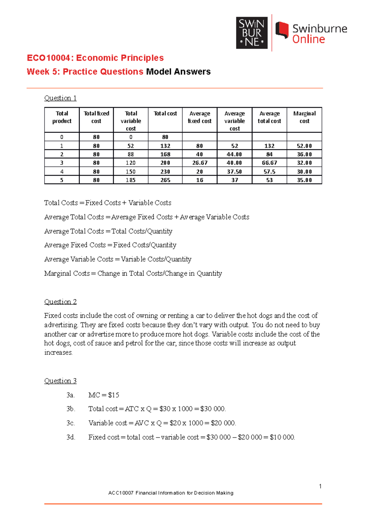 Eco10004 Practice Questions Model Answers Week5 Eco10004 Economic