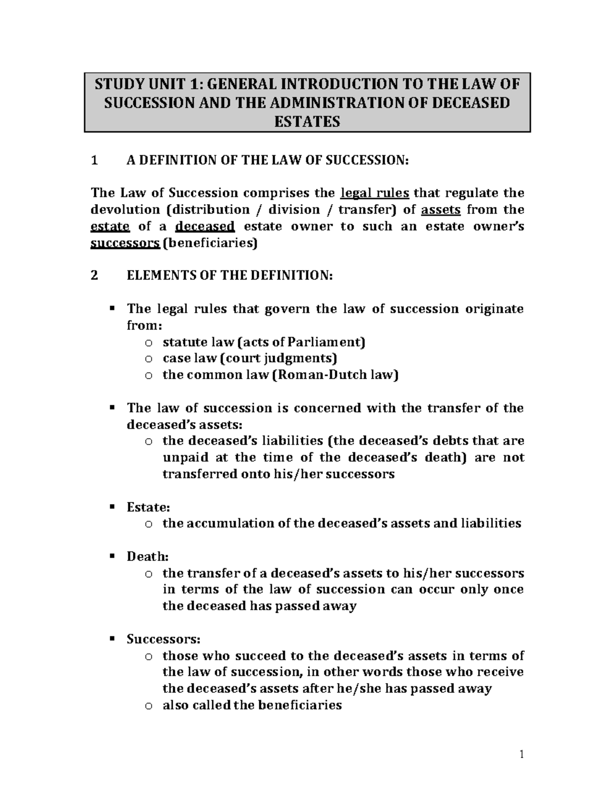 Law Succession Suc201 Study Notes 2022 Study Unit 1 General