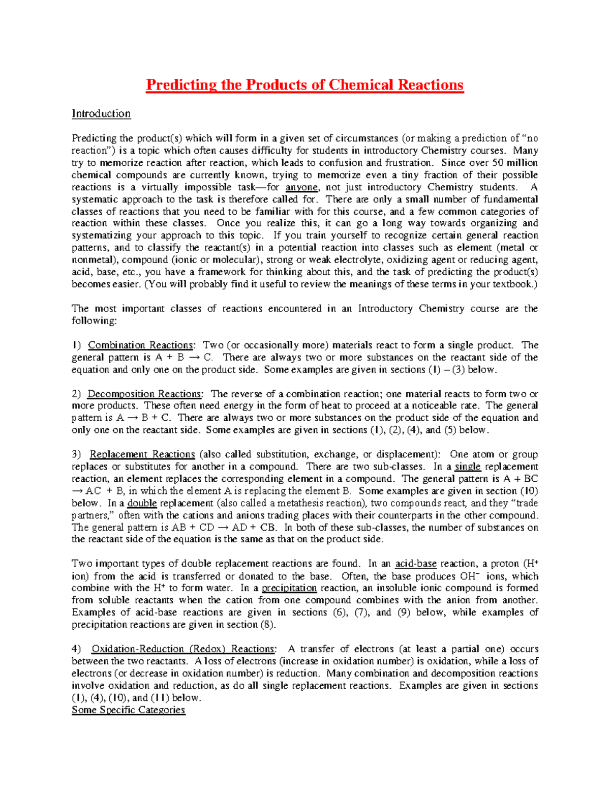 Predicting The Products Of Chemical Reactions Predicting The Products