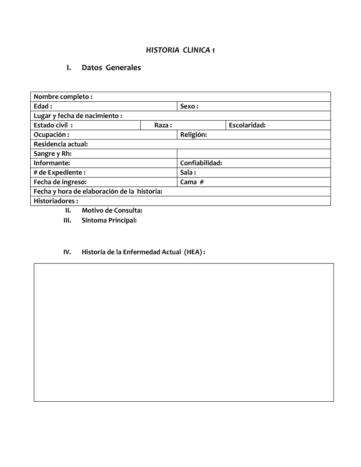 Formato De Historia Clinica Historia Clinica 1 I Datos Generales Ii