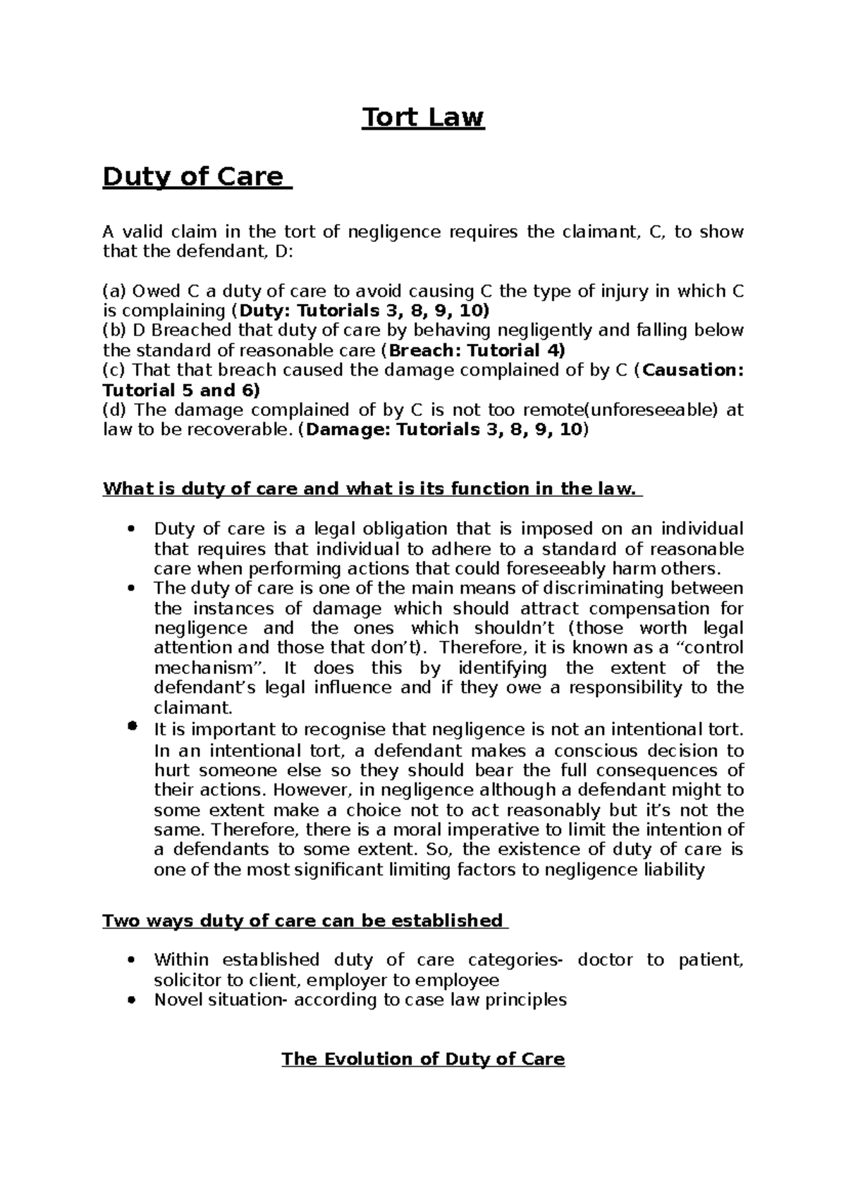 Tort Law Duty Of Care Studocu