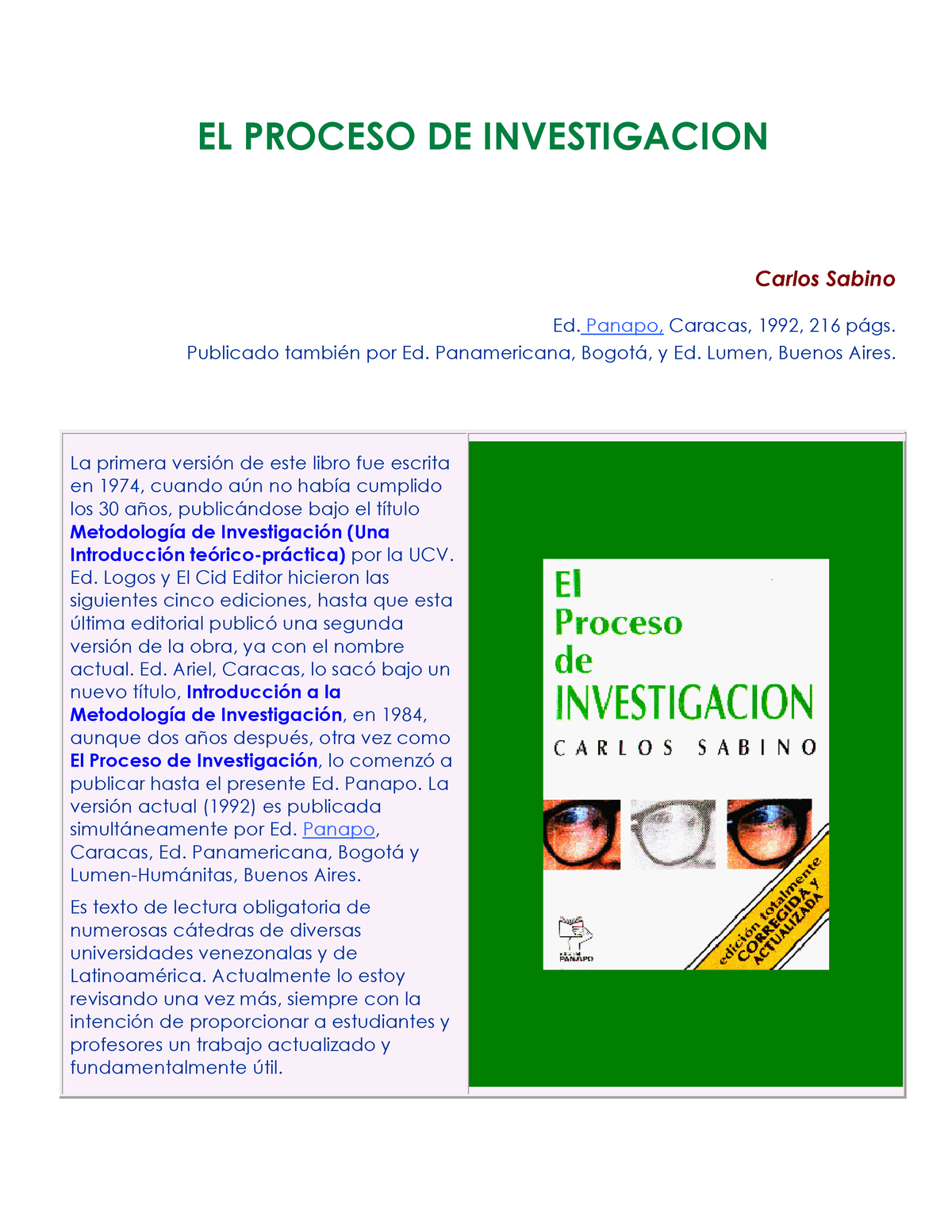 El Proceso Investigacion Carlos Sabino Studocu