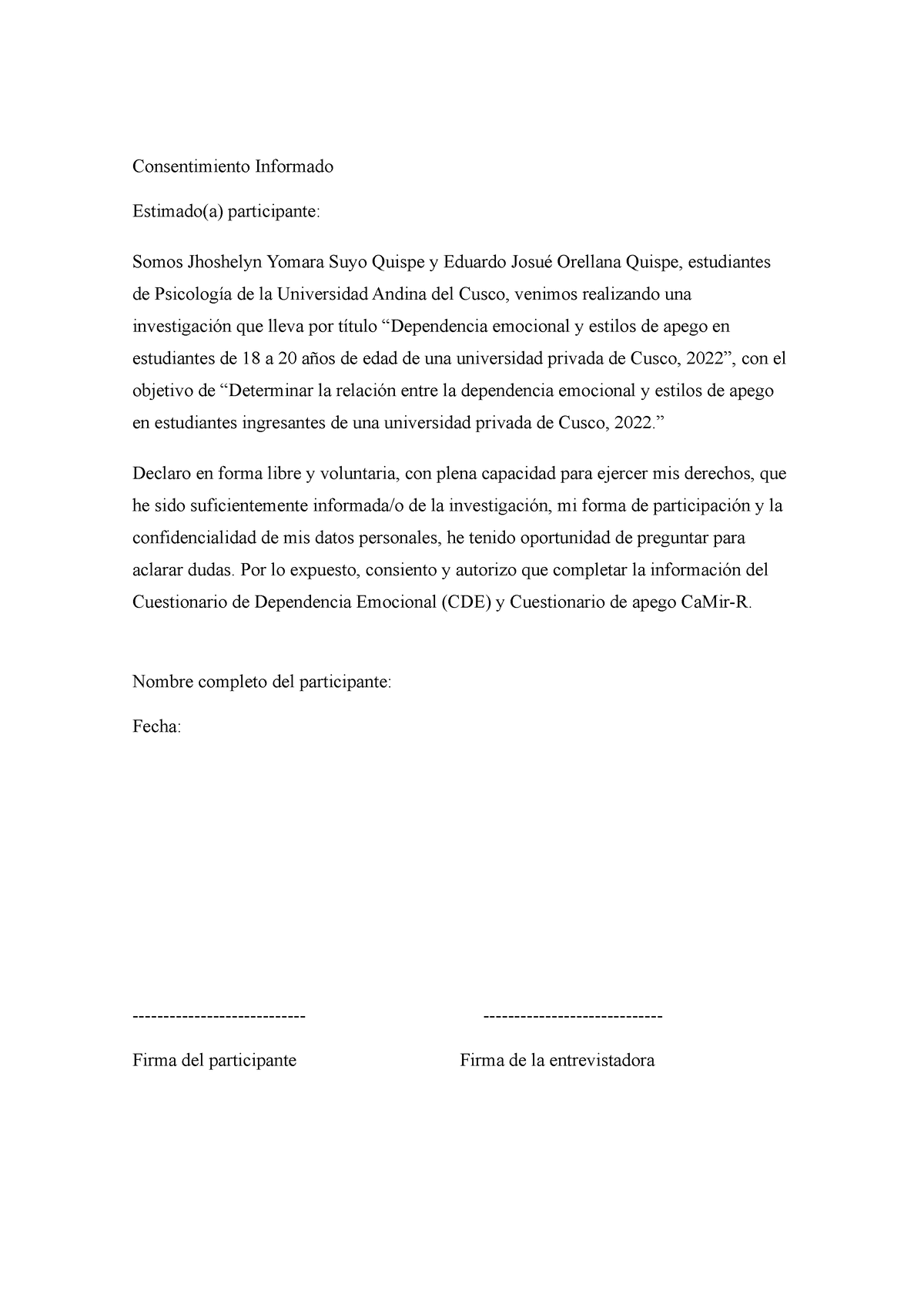 Modelo Carta Consentimiento Pdf Cuestionario Science