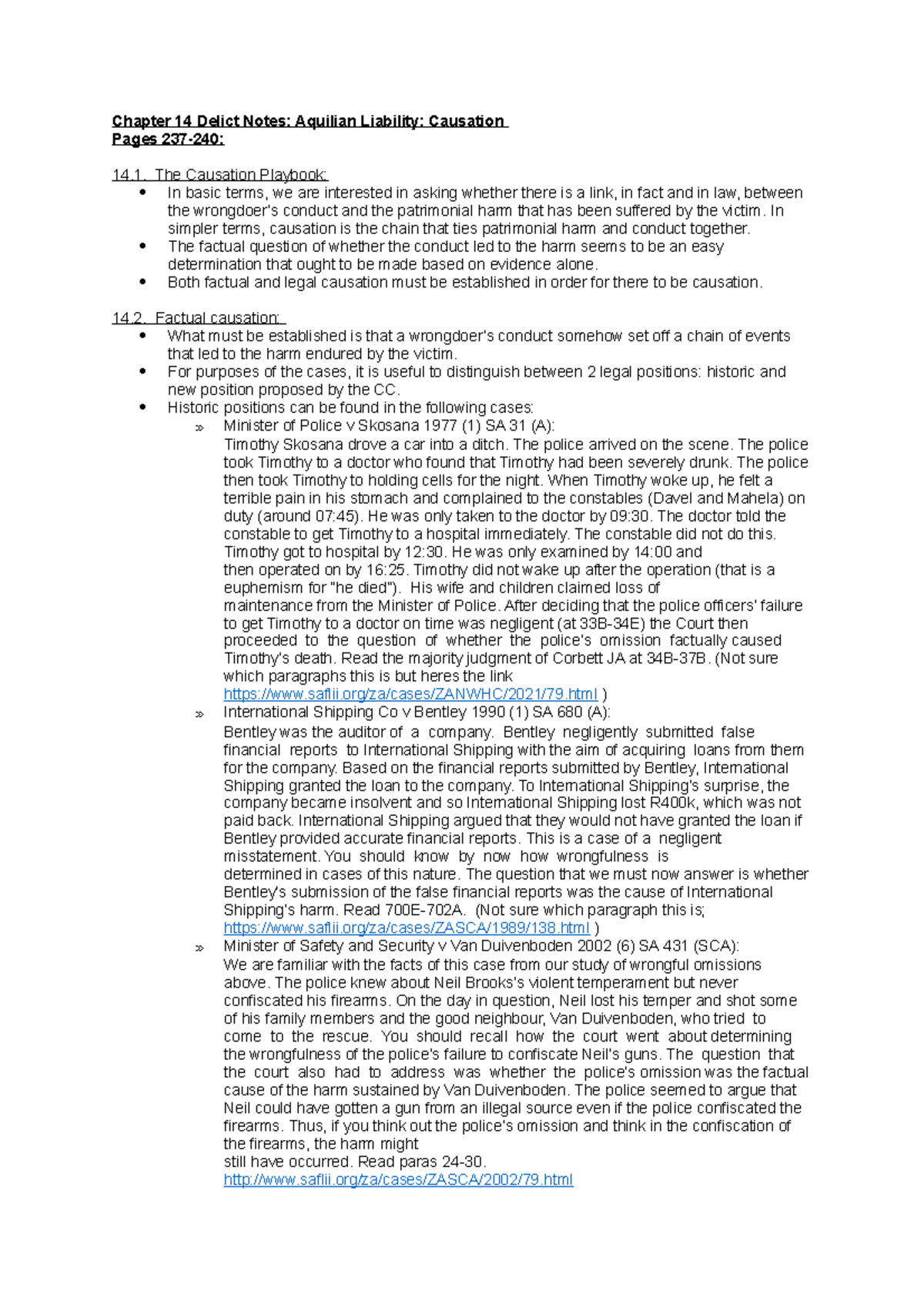 Chapter 14 Delict Summary Notes Chapter 14 Delict Notes Aquilian