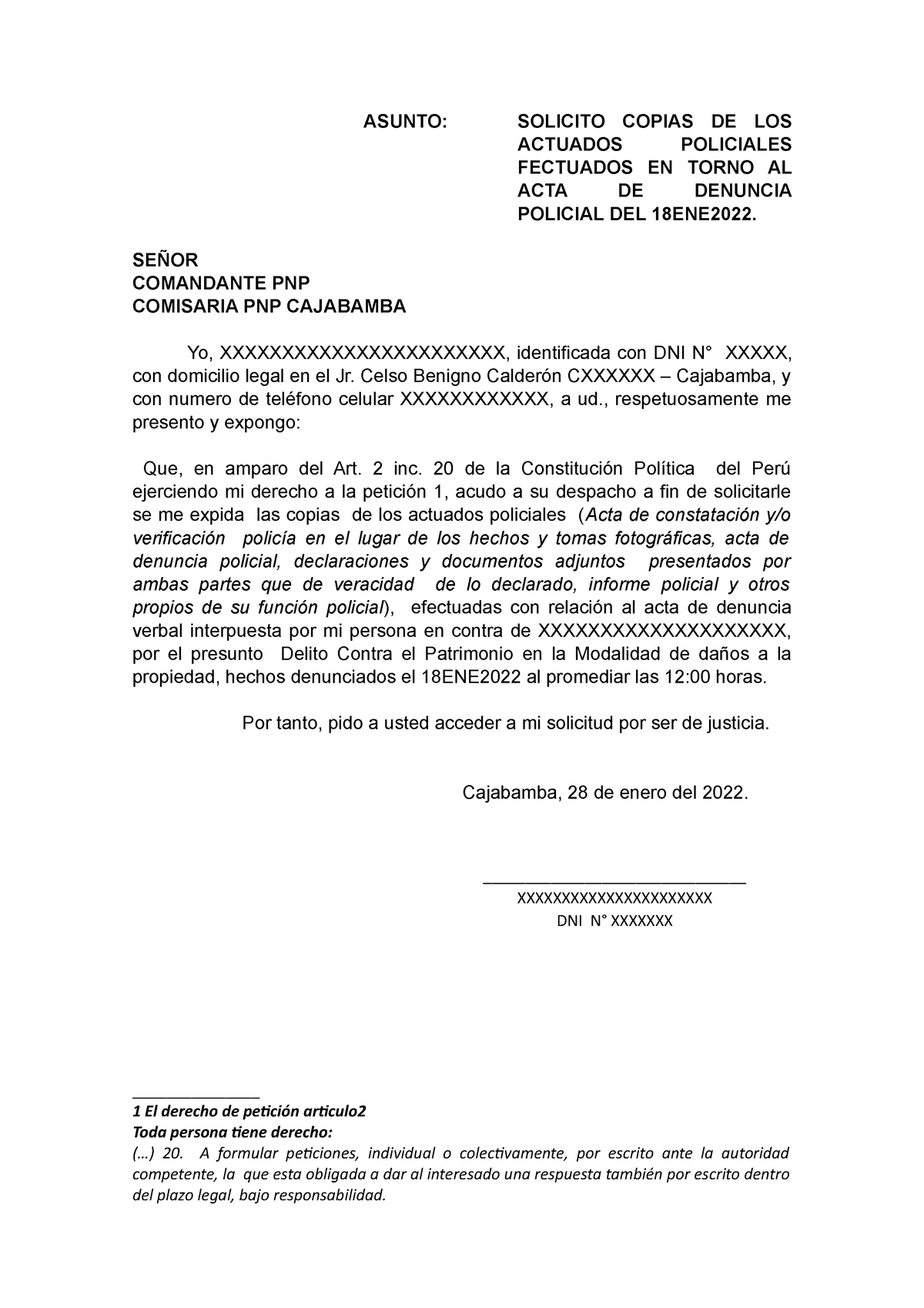 Modelo De Solicitud Para Solicitar Copia De Los Actudos Policiles