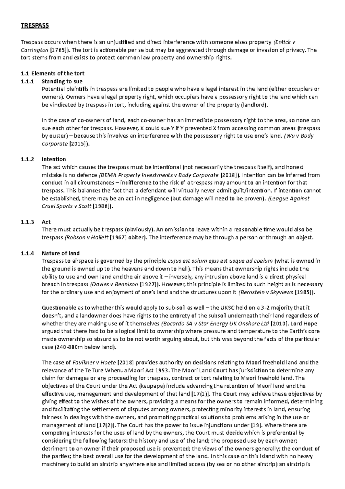 Trespass Exam Sheet Summary The Law Of Torts Trespass Trespass