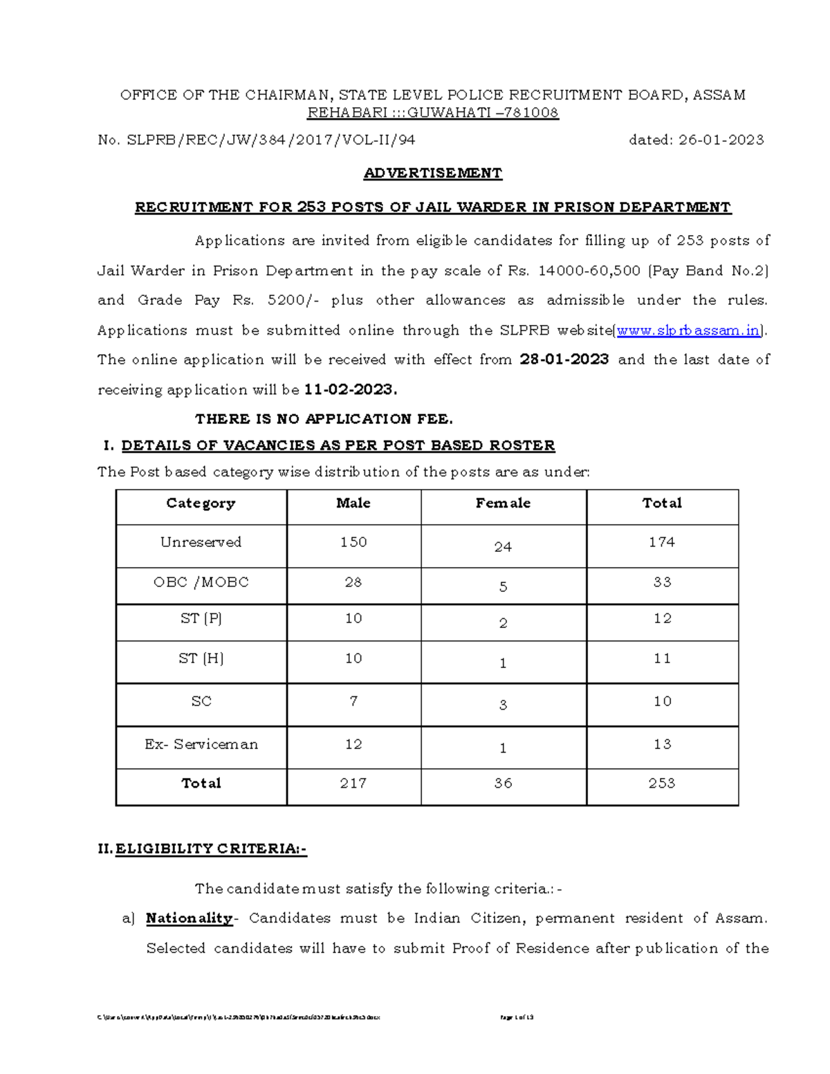 Slprb Assam Police Jail Warder Recruitment Notification Office Of The