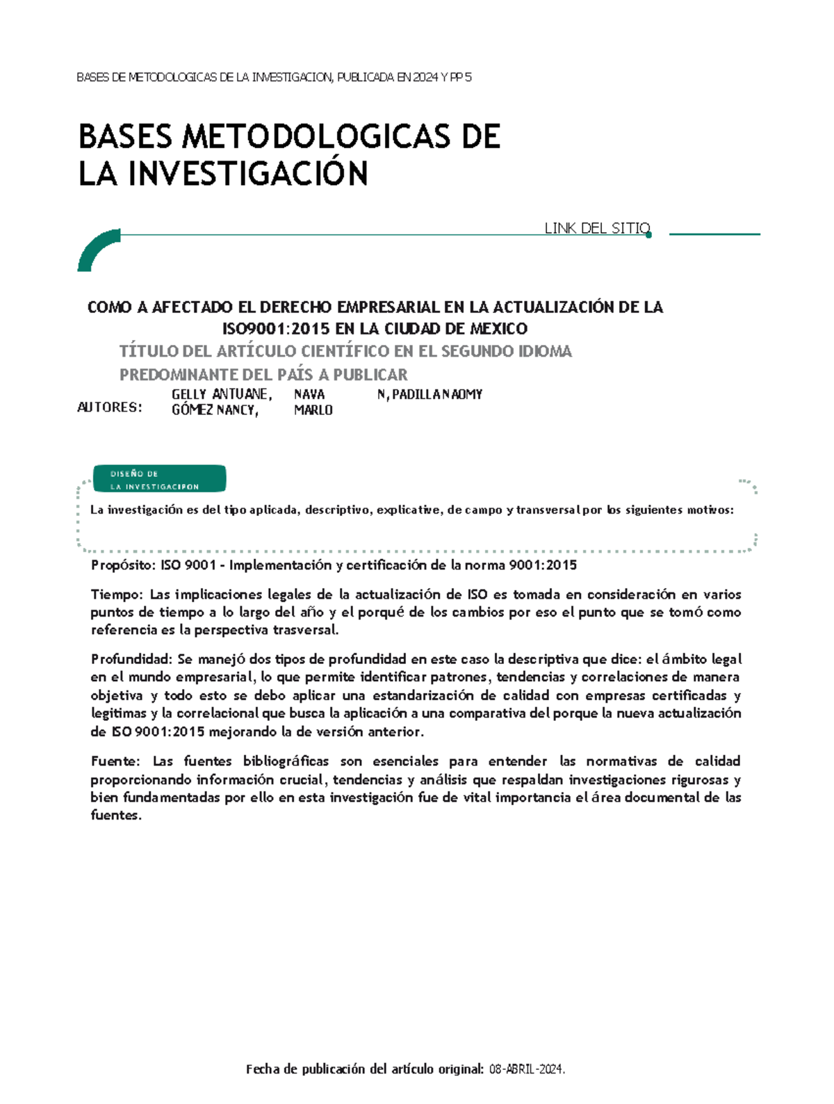 Articulo Bases De Metodologicas De La Investigacion Publicada En