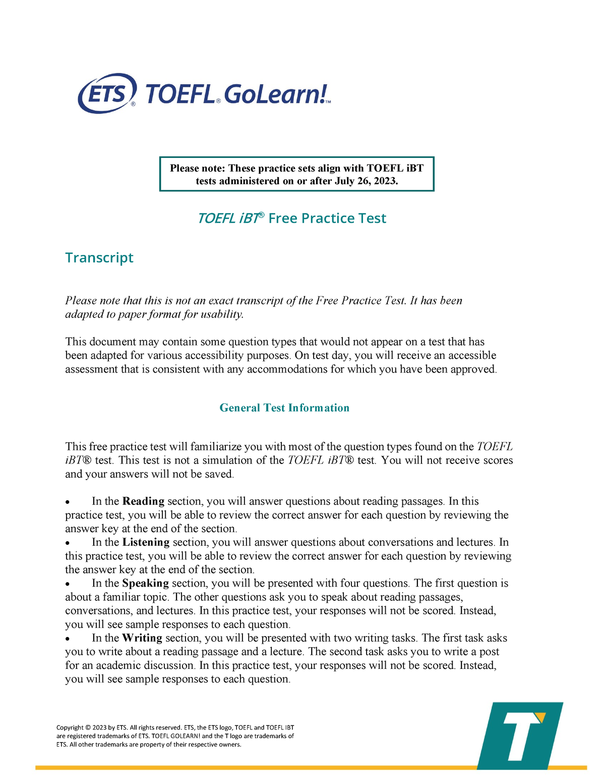 Toefl Ibt Free Practice Test Enhanced Please Note These Practice