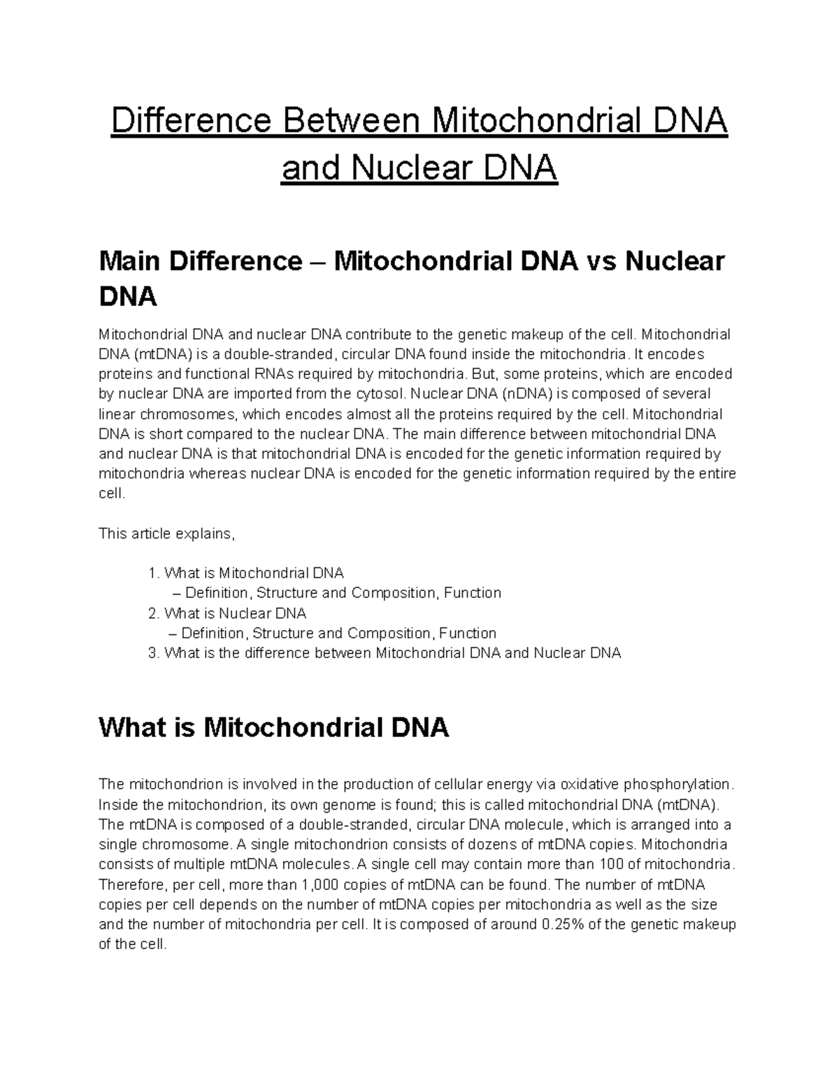 Difference Between Mitochondrial Dna And Nuclear Dna Difference