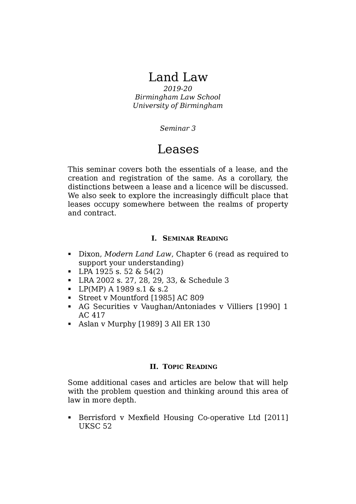 Seminar 3 Leases Land Law 2019 Birmingham Law School University Of