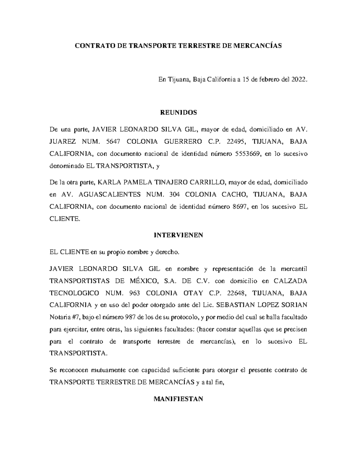 Contrato De Transporte Terrestre De Mercancías Contrato De Transporte