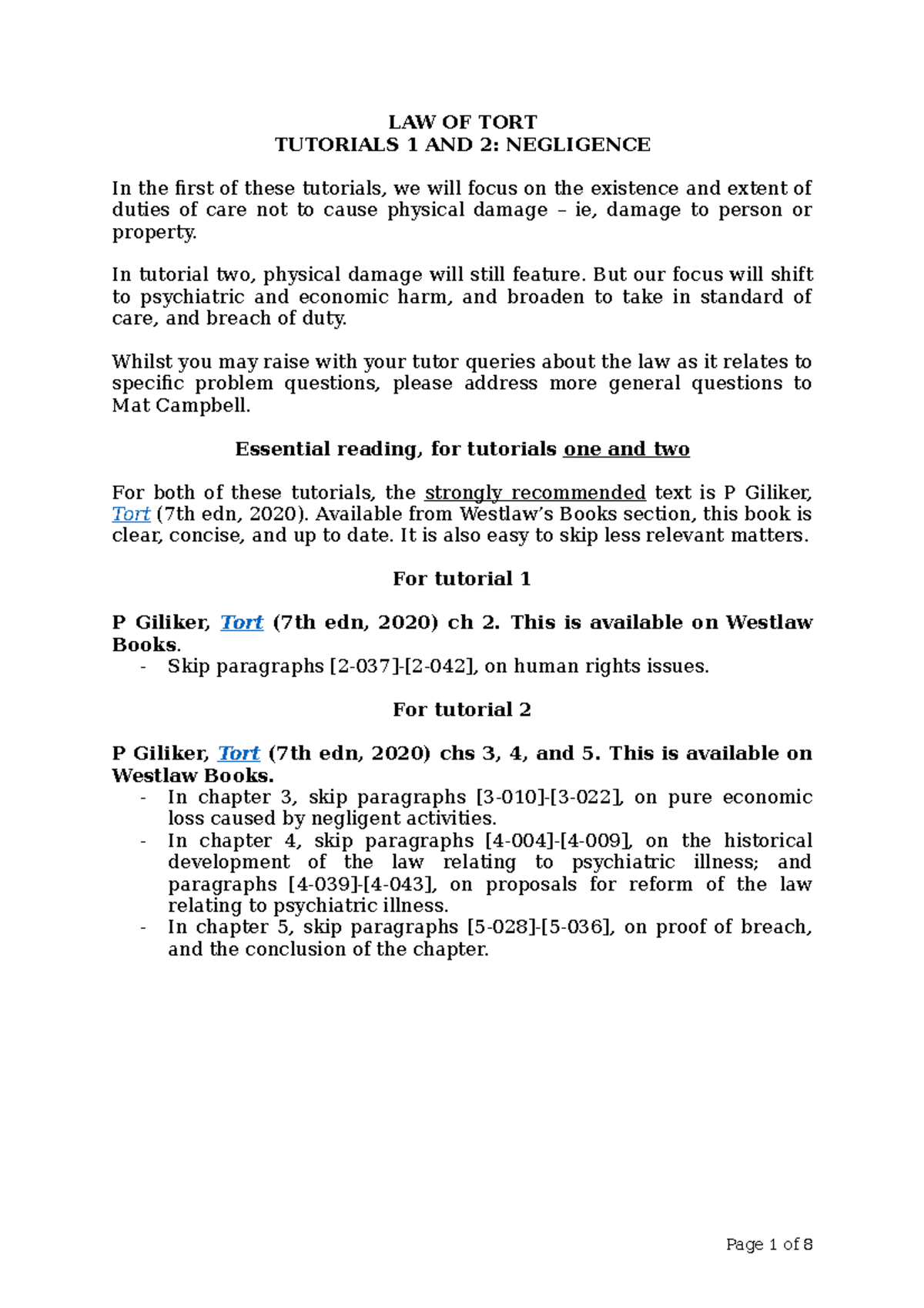 Tort Tutorials 1 And 2 Negligence Law Of Tort Tutorials 1 And 2