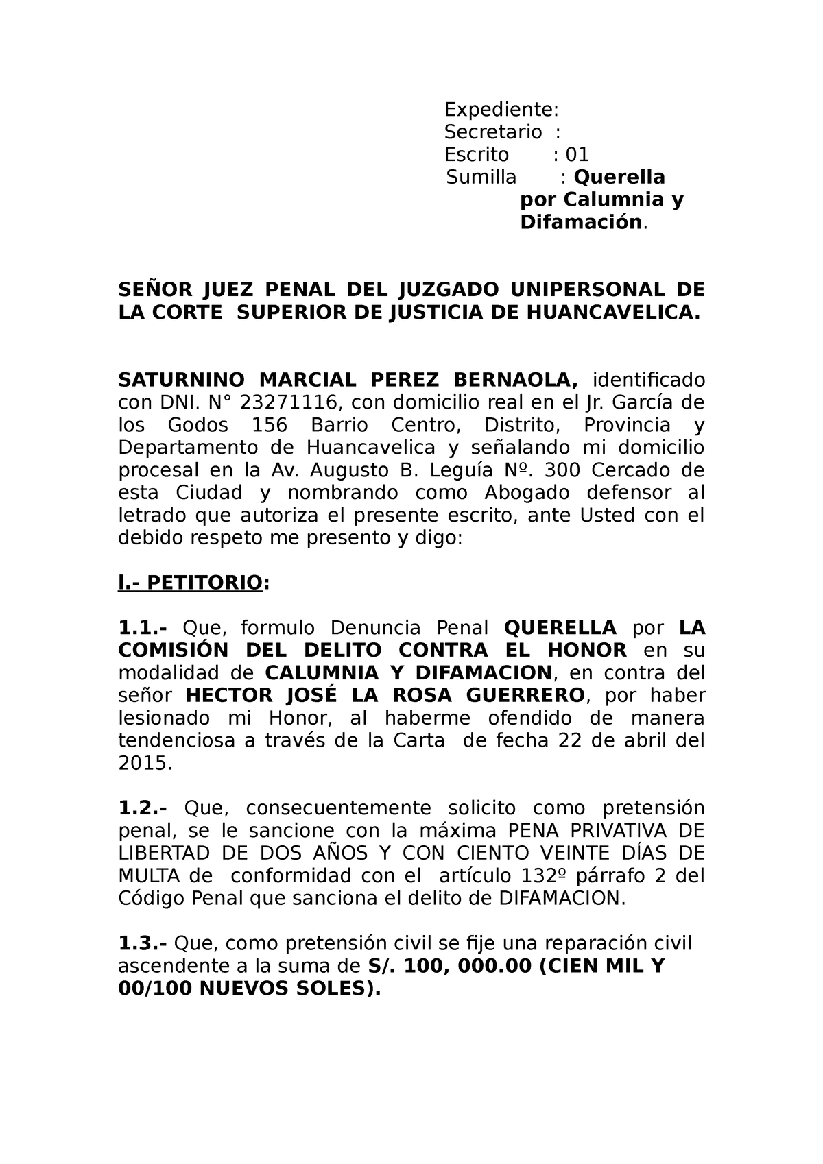 Modelo De Querella Criminal Queja Derecho Penal